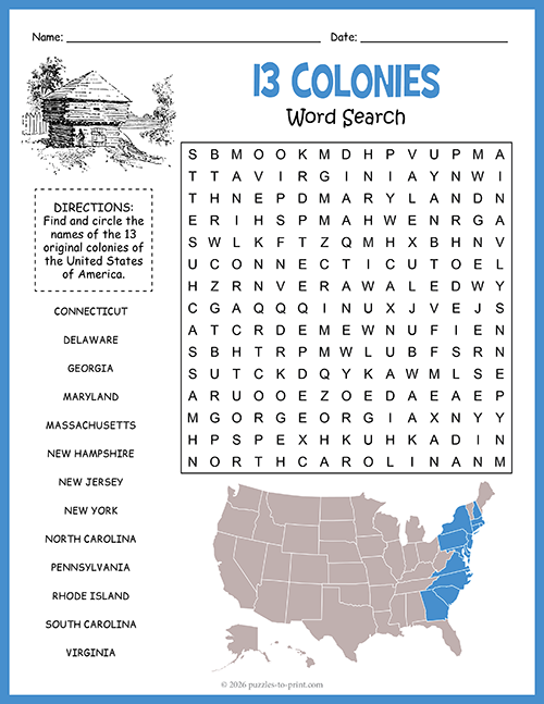 13 Colonies Word Search - Free U.S. History Activity