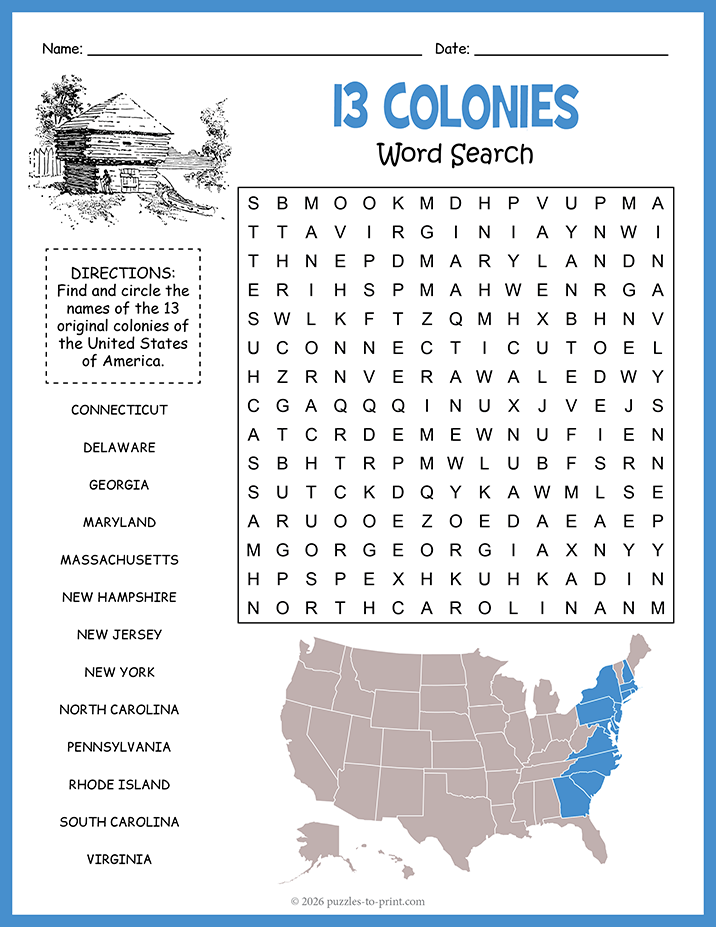 13 Colonies Word Search - Free U.S. History Activity