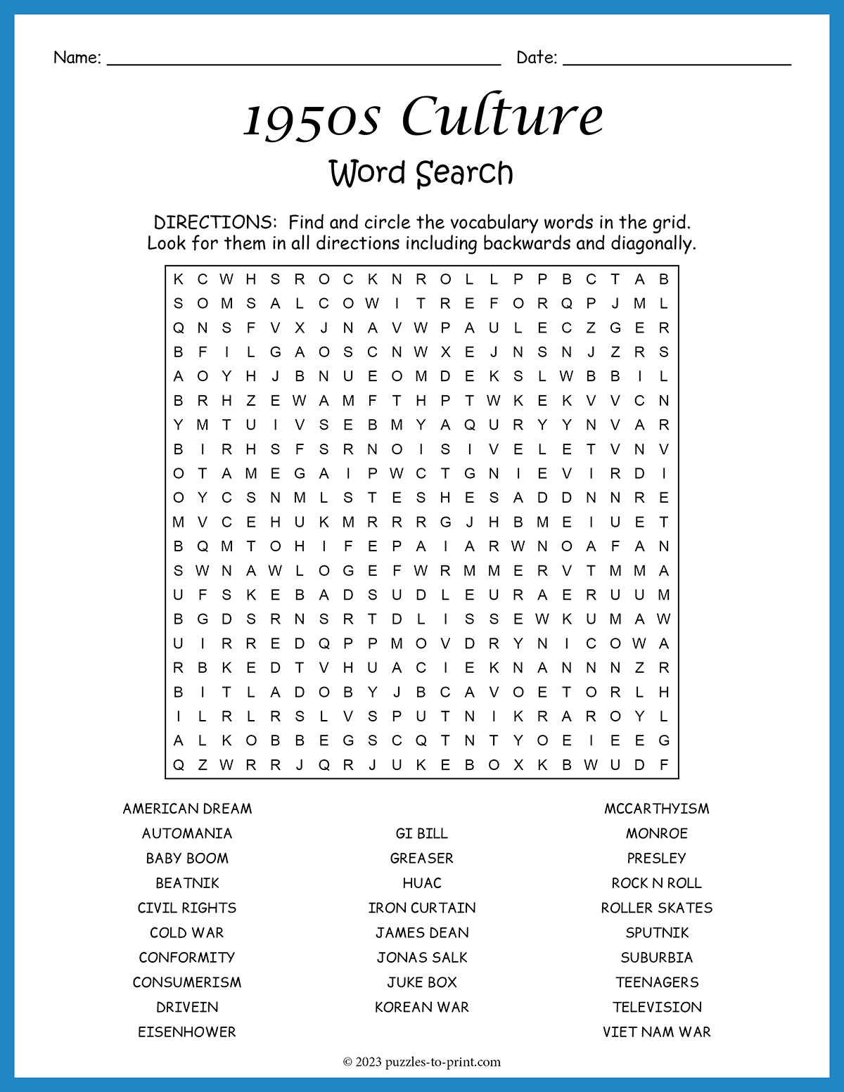 1950s Culture Word Search