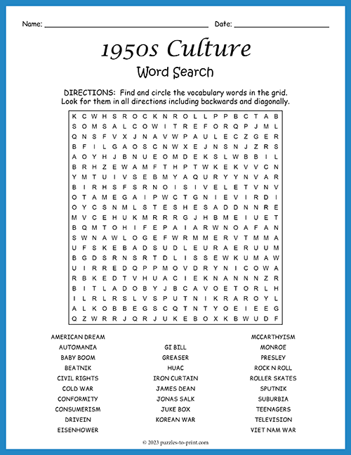 1950s Culture Word Search