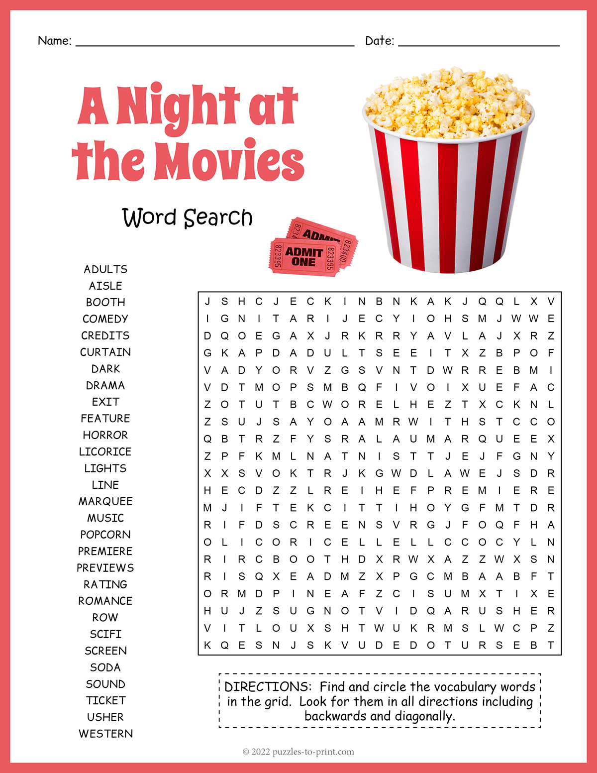 A Night at the Movies Word Search
