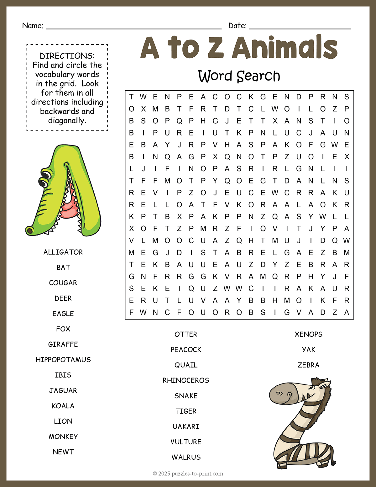 A To Z Animals Word Search
