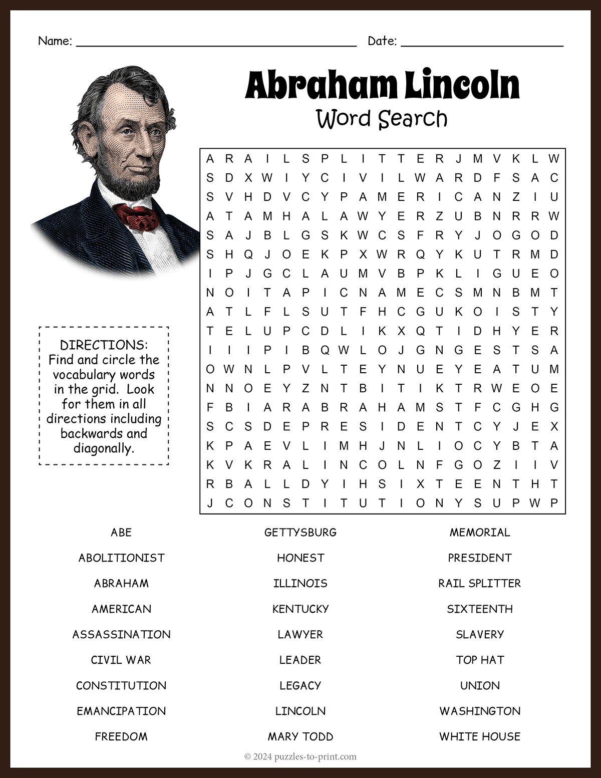 Civil War Word Search Worksheets