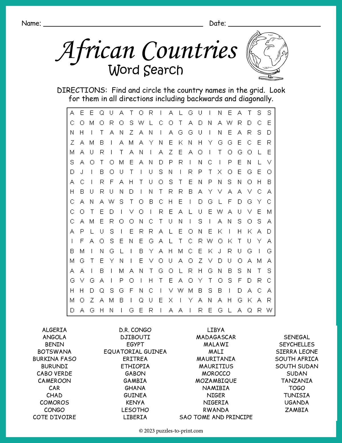 African Countries Word Search