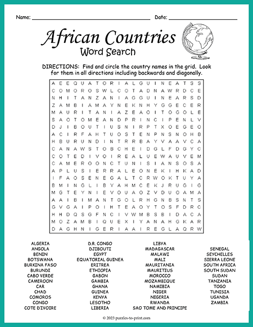 African Countries Word Search