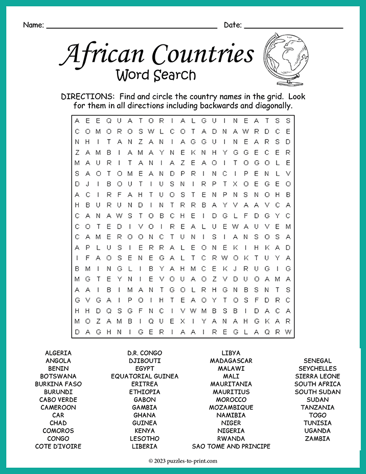 African Countries Word Search