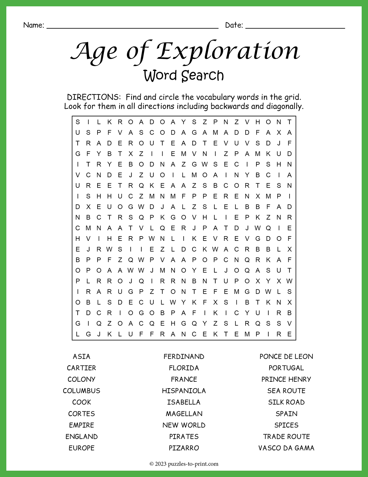 Age of Exploration Word Search