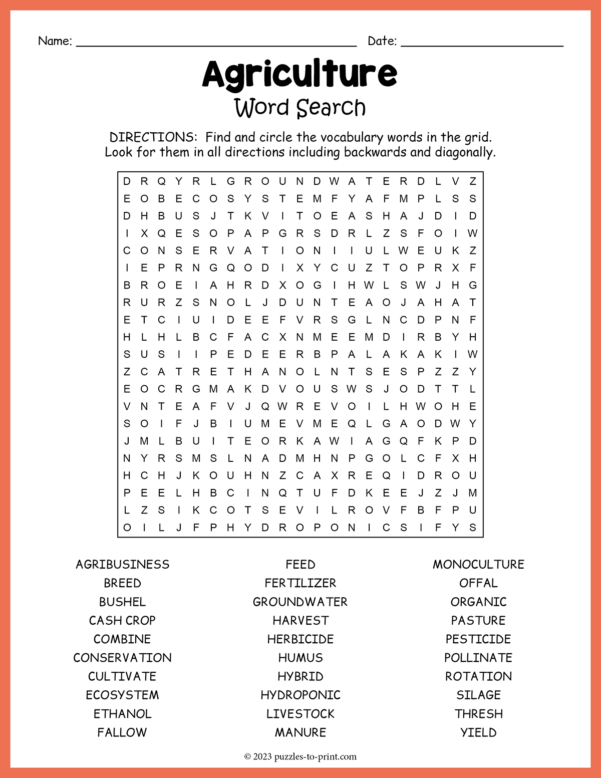 Agriculture Word Search