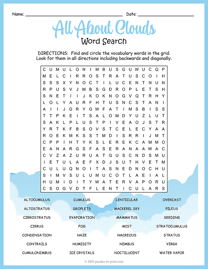 All About Clouds Word Search