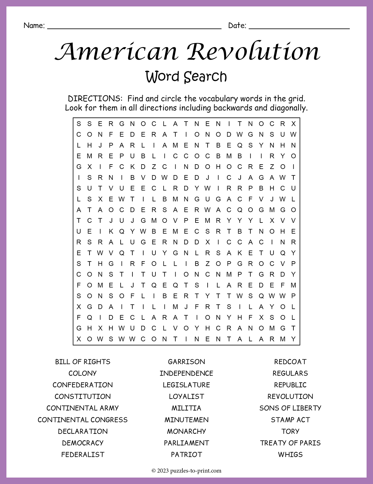 American Revolution Word Search American Revolution Word Search