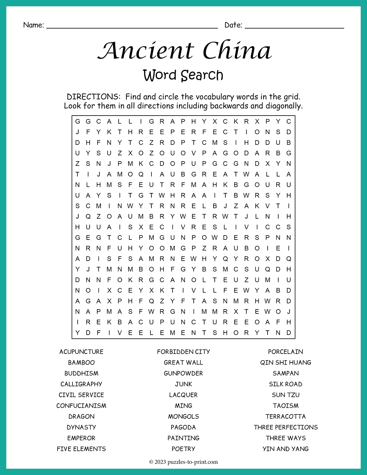 Ancient China Word Search