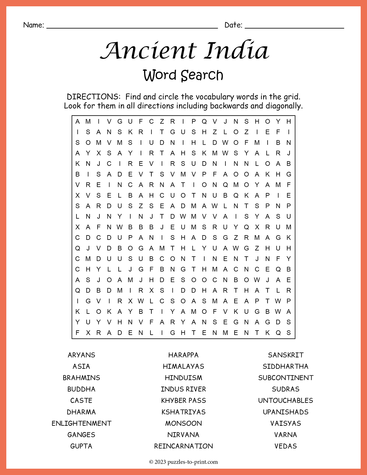 Ancient India Word Search