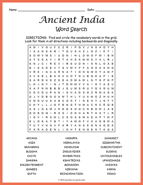Ancient India Word Search