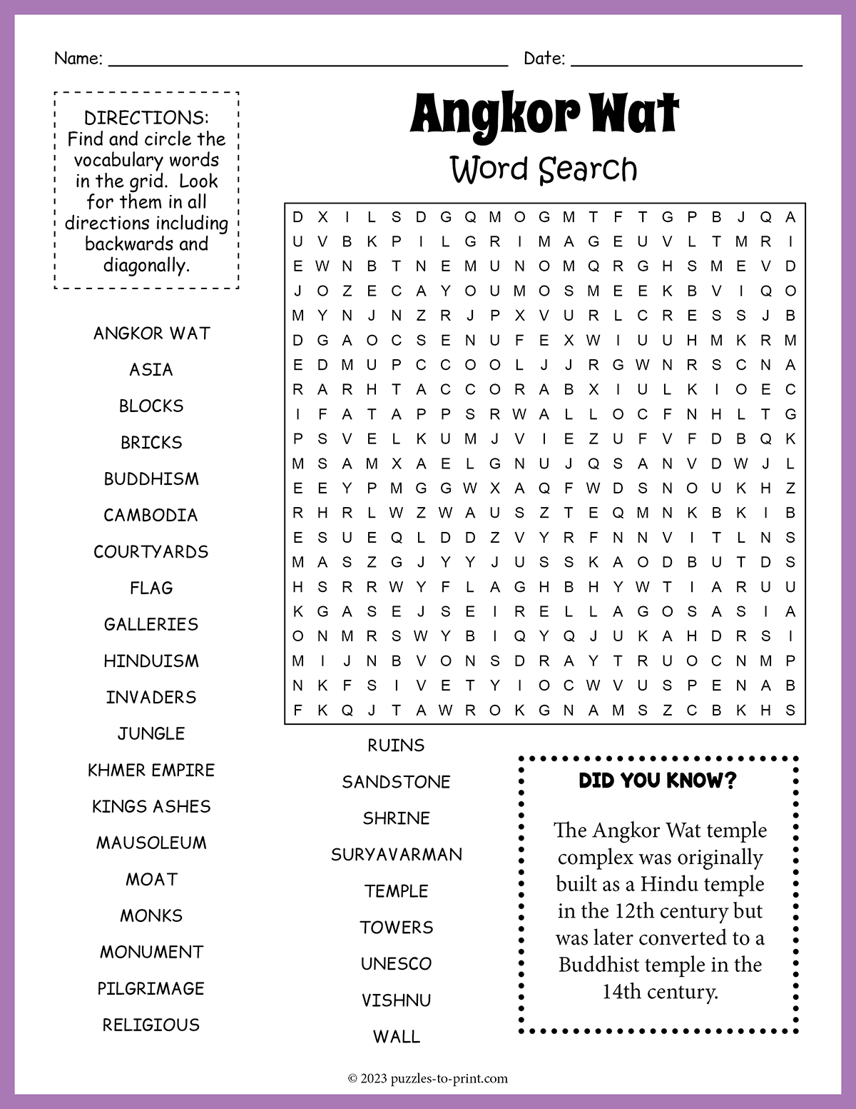Angkor Wat Word Search