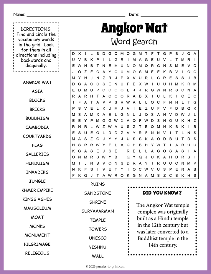 Angkor Wat Word Search