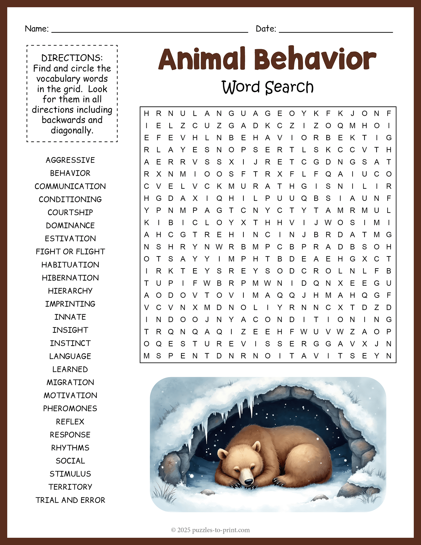 Animal Behavior Word Search - Free Printable (Easy & Challenging)