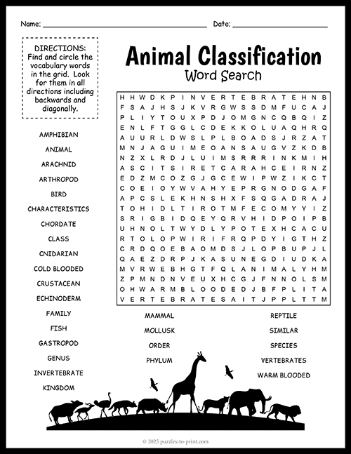 Animal Classification Word Search - Free Printable (Easy & Challenging)