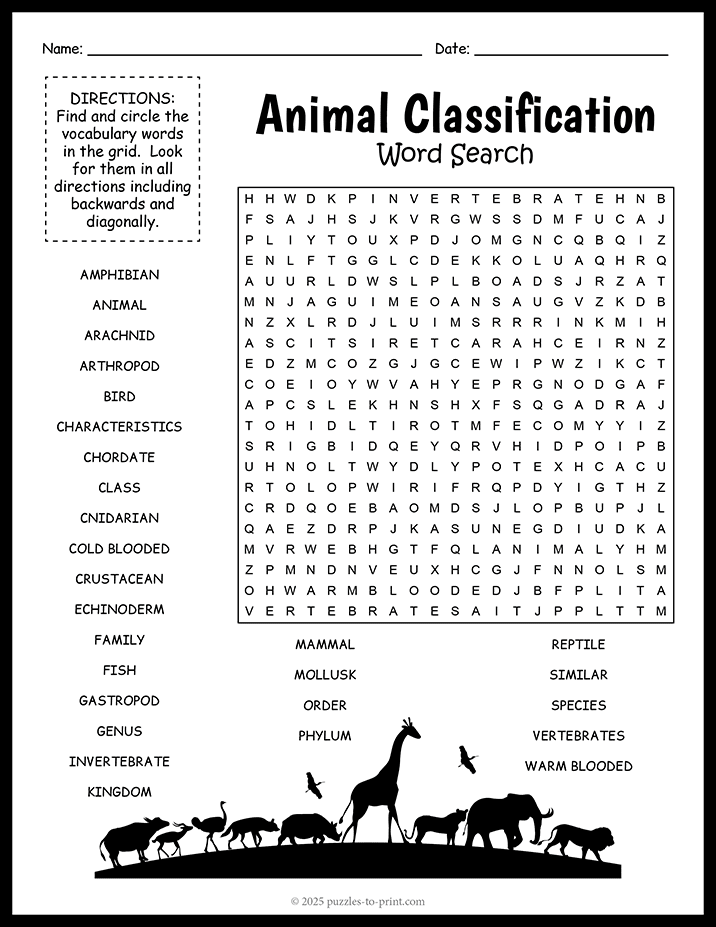 Animal Classification Word Search - Free Printable (Easy & Challenging)