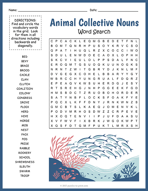 Animal Collective Nouns Word Search - Free Printable (Easy & Challenging)
