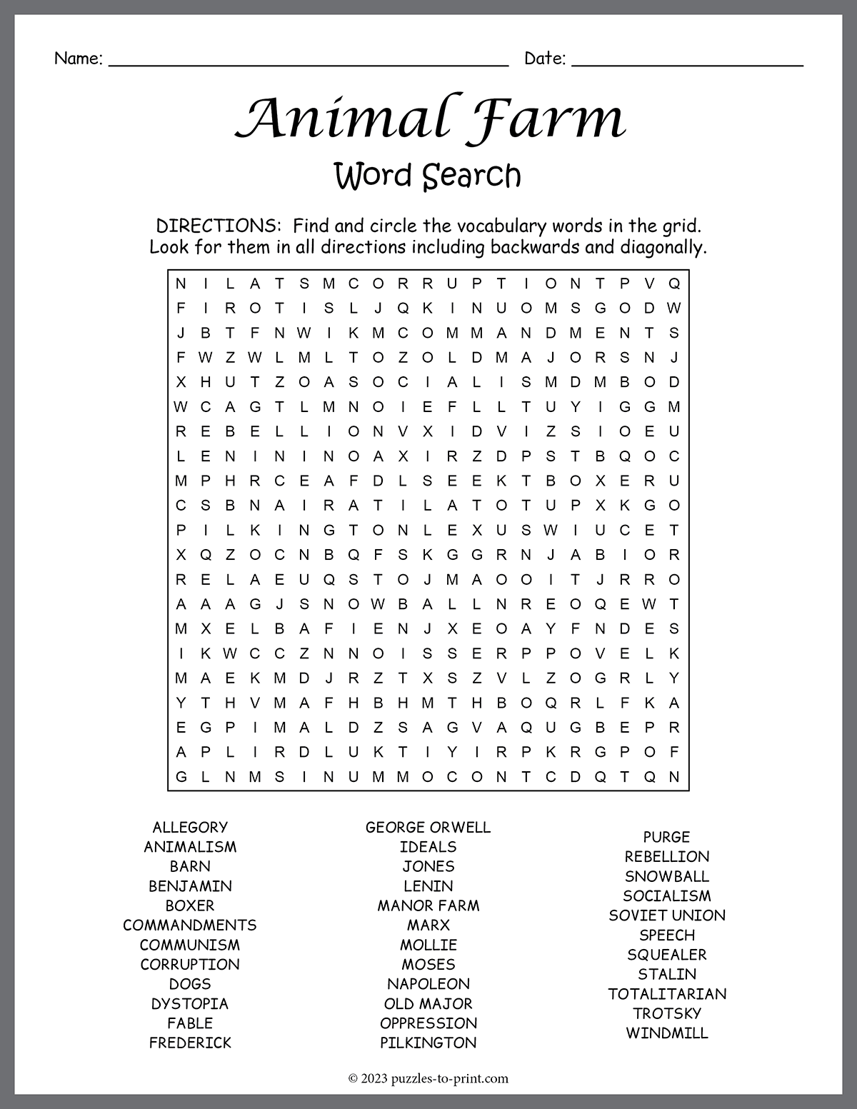 Animal Farm Word Search