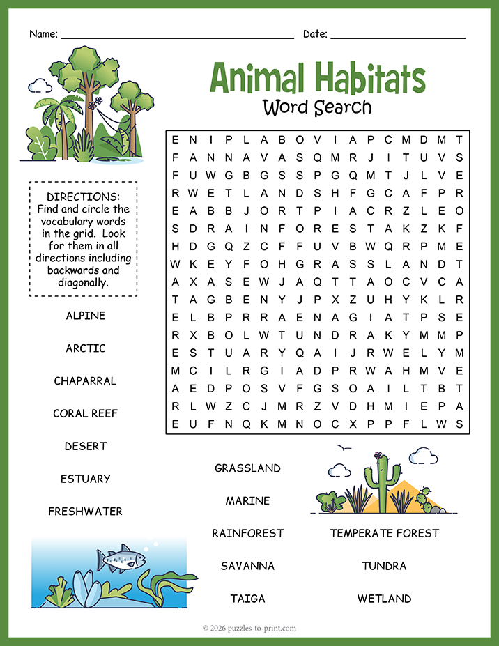 Animal Habitats Word Search - Free Printable Activity