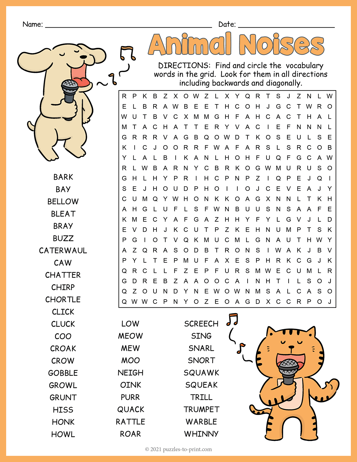 Animal Noises Word Search