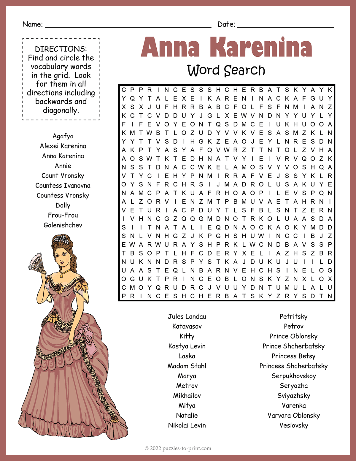 Anna Karenina Characters Word Search