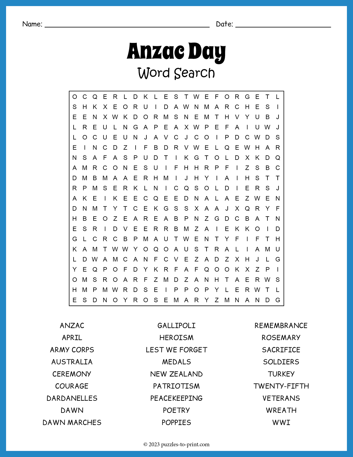Anzac Day Word Search