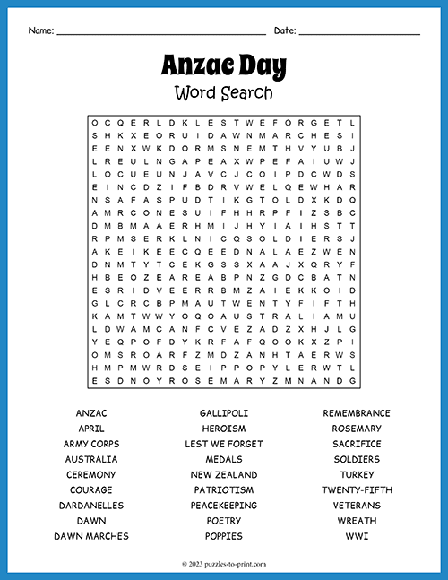 Anzac Day Word Search