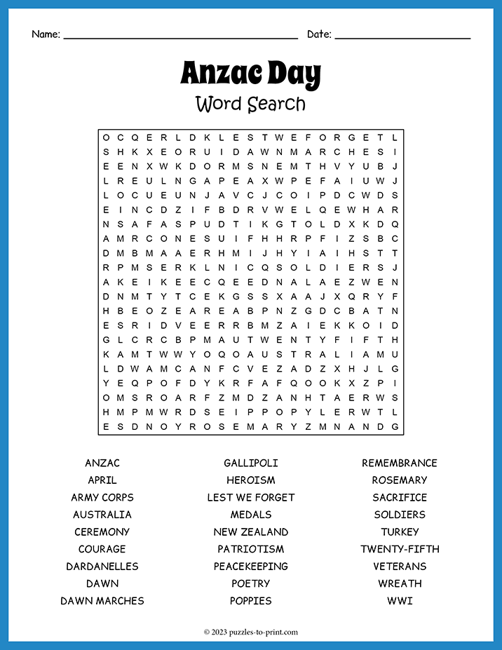 Anzac Day Word Search