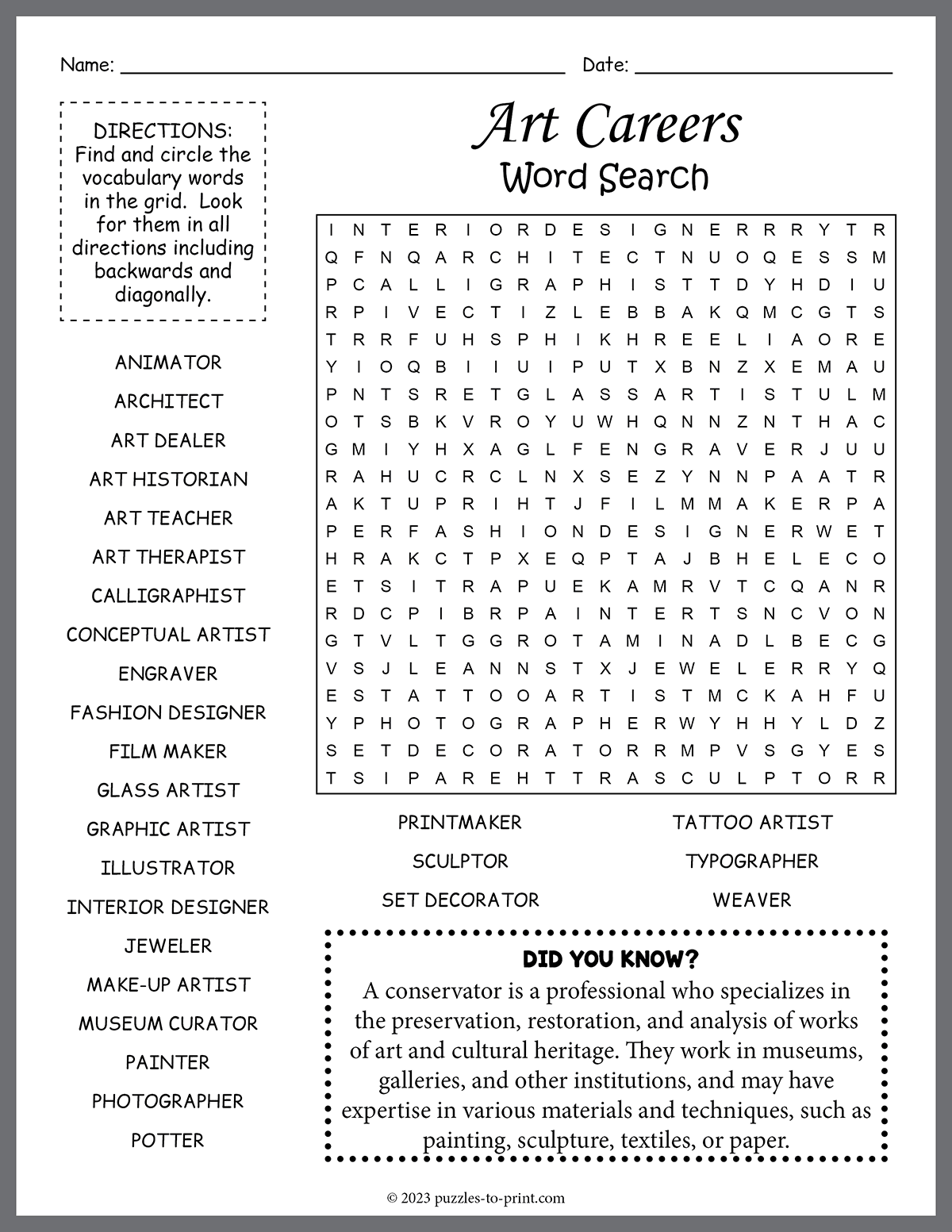 Art Careers Word Search