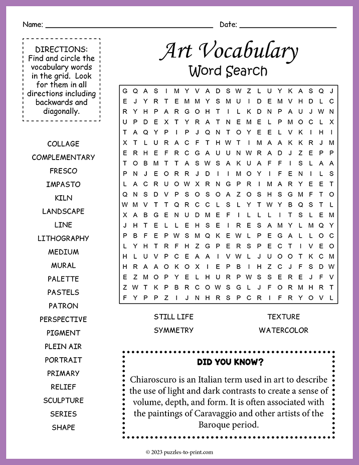 Art Vocabulary Word Search