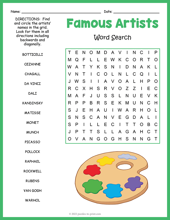 Artists Word Search