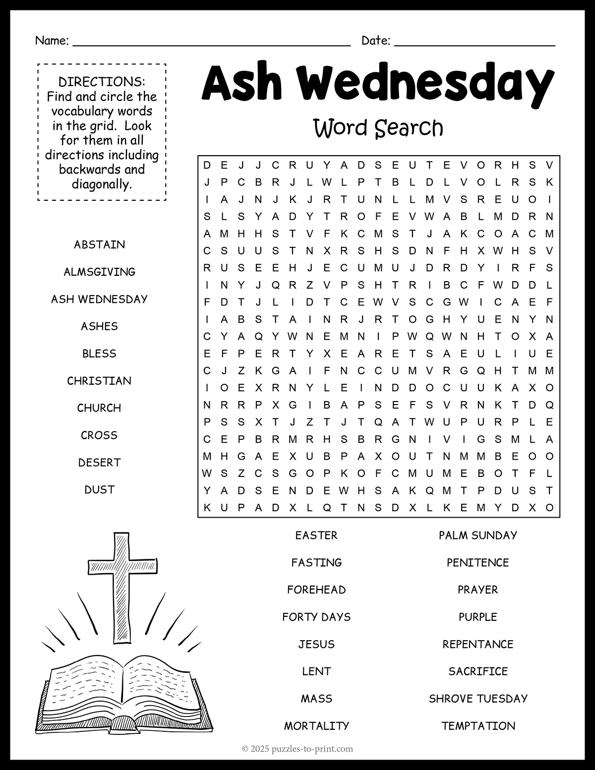Ash Wednesday Word Search