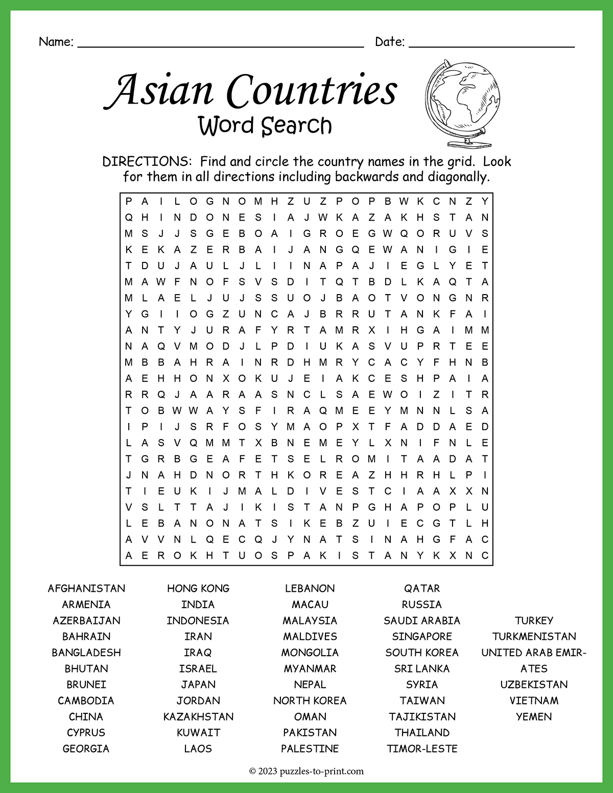 Asian Countries Word Search Asian Countries Word Search