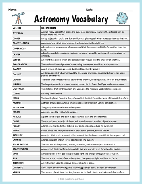 Astronomy Vocabulary - Free Printable Terms and Definitions