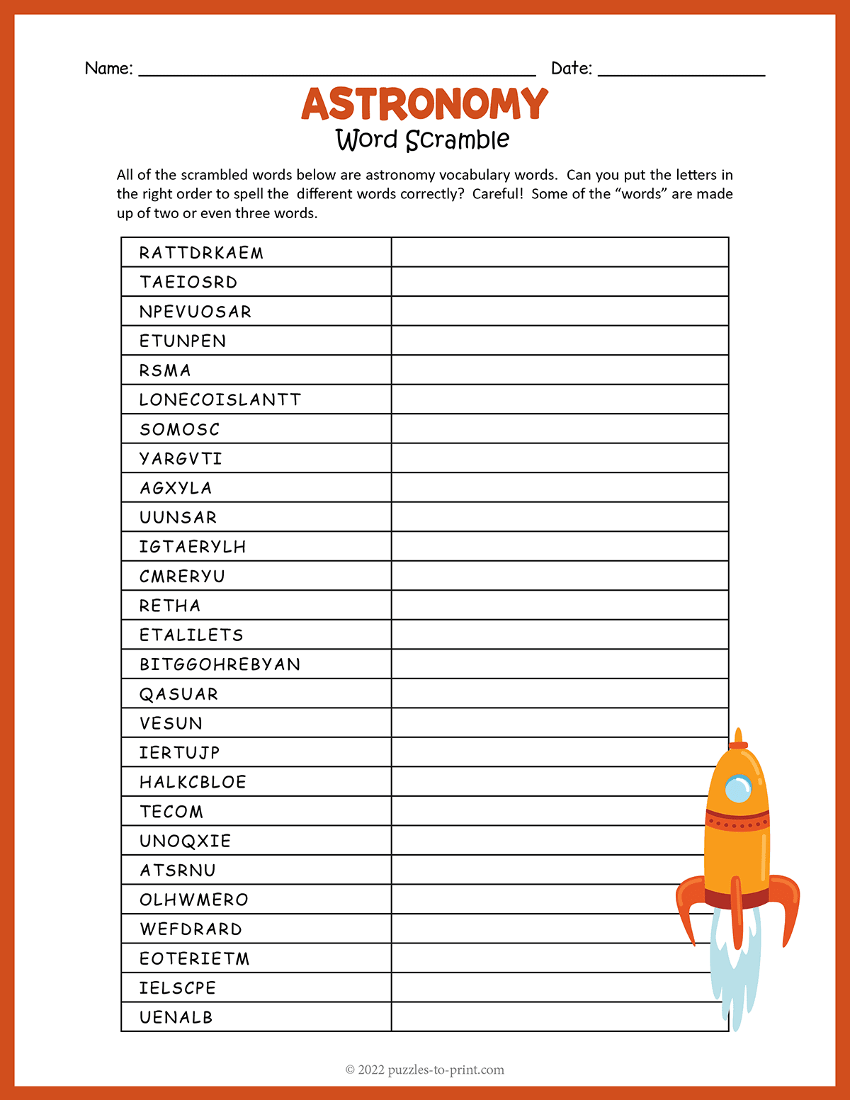 Space Word Scramble Answers