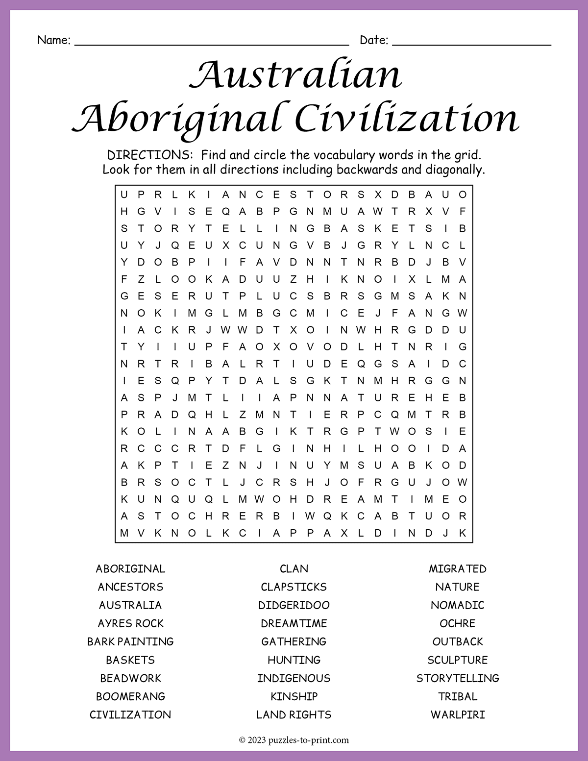 Australian Aboriginal Civilization Word Search