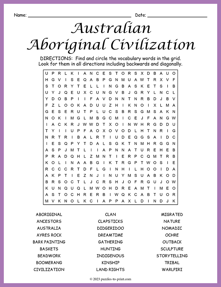 Australian Aboriginal Civilization Word Search