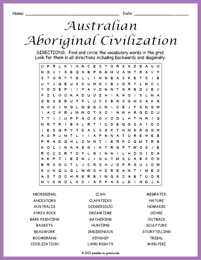 Australian Aboriginal Civilization Word Search Australian Aboriginal Civilization Word Search