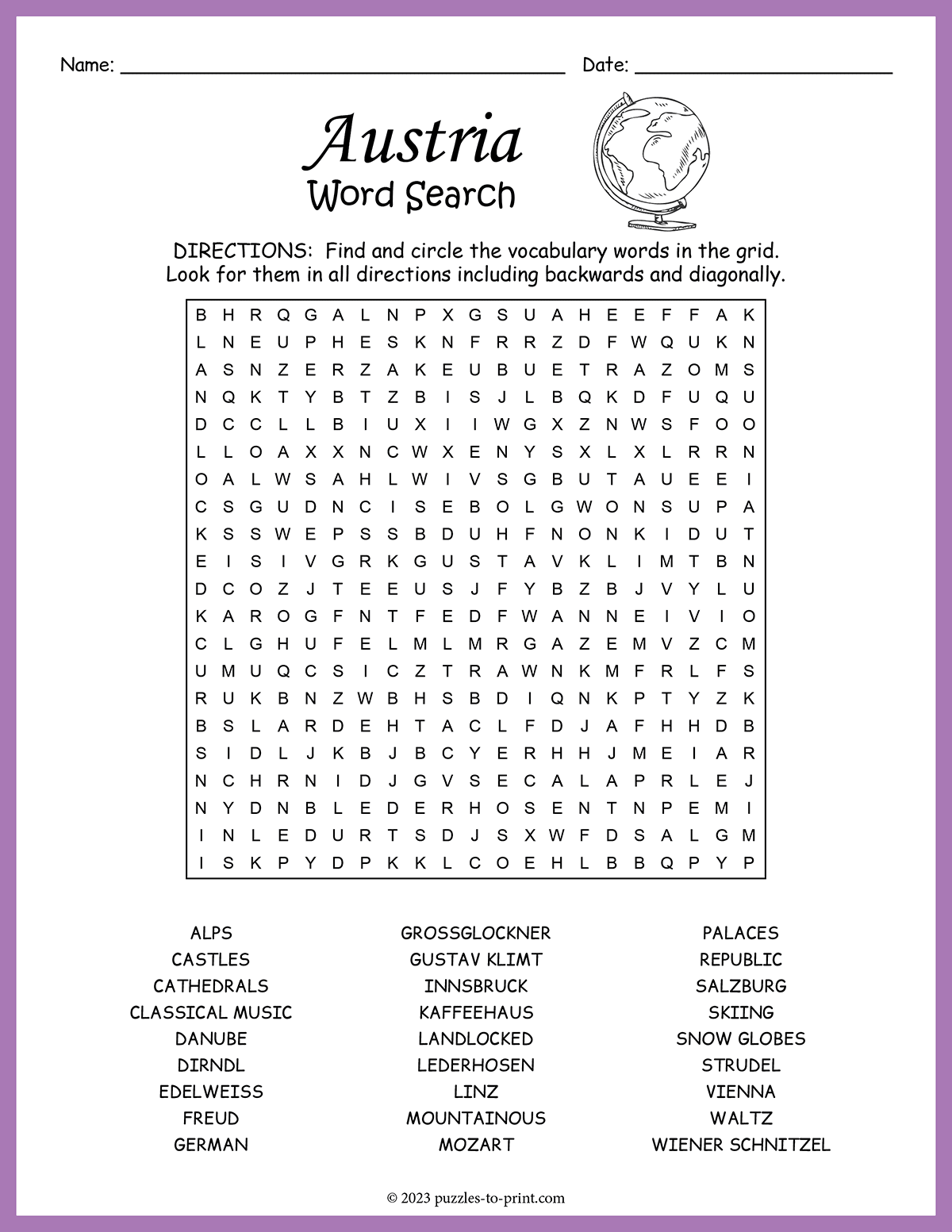 Austria Word Search