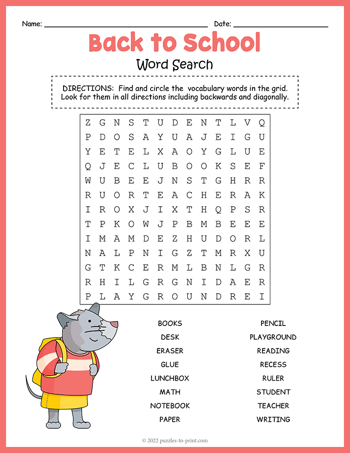 Back to School Word Search