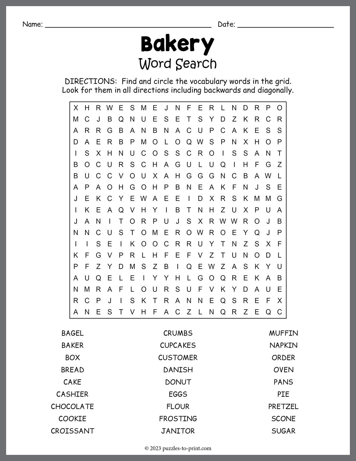 Bakery Word Search