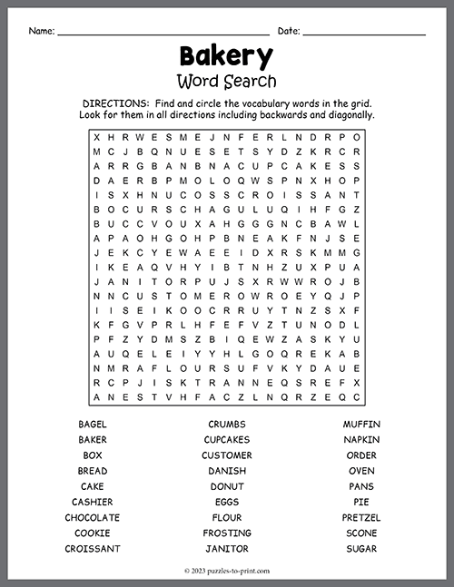 Bakery Word Search
