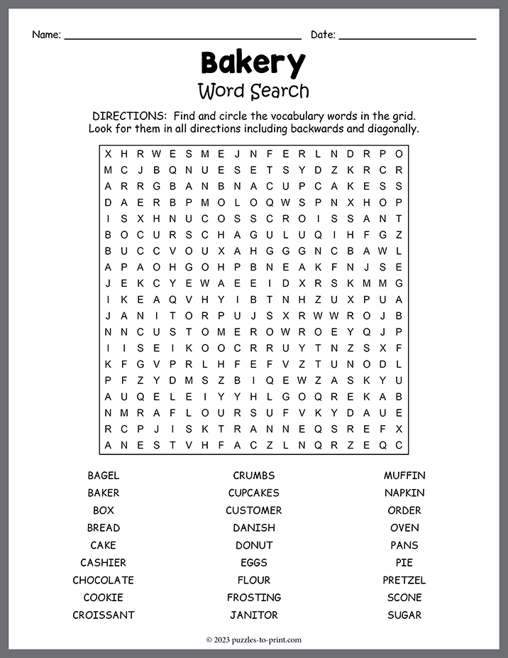 Bakery Word Search