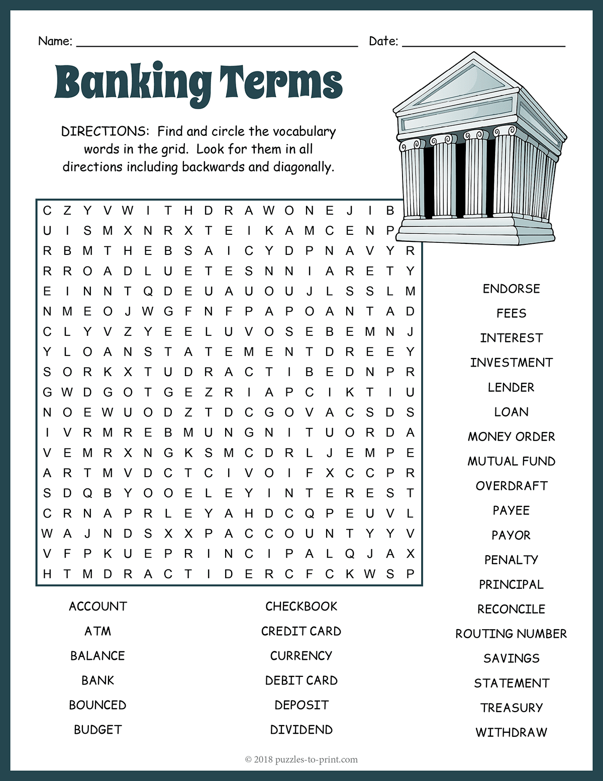Banking Terms Word Search