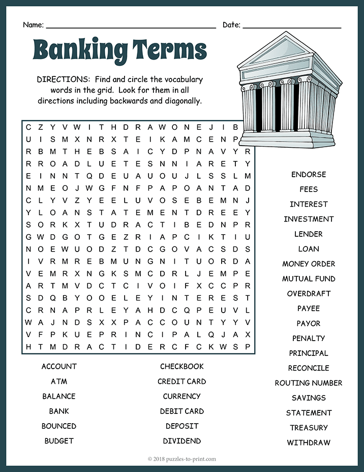Banking Terms Word Search