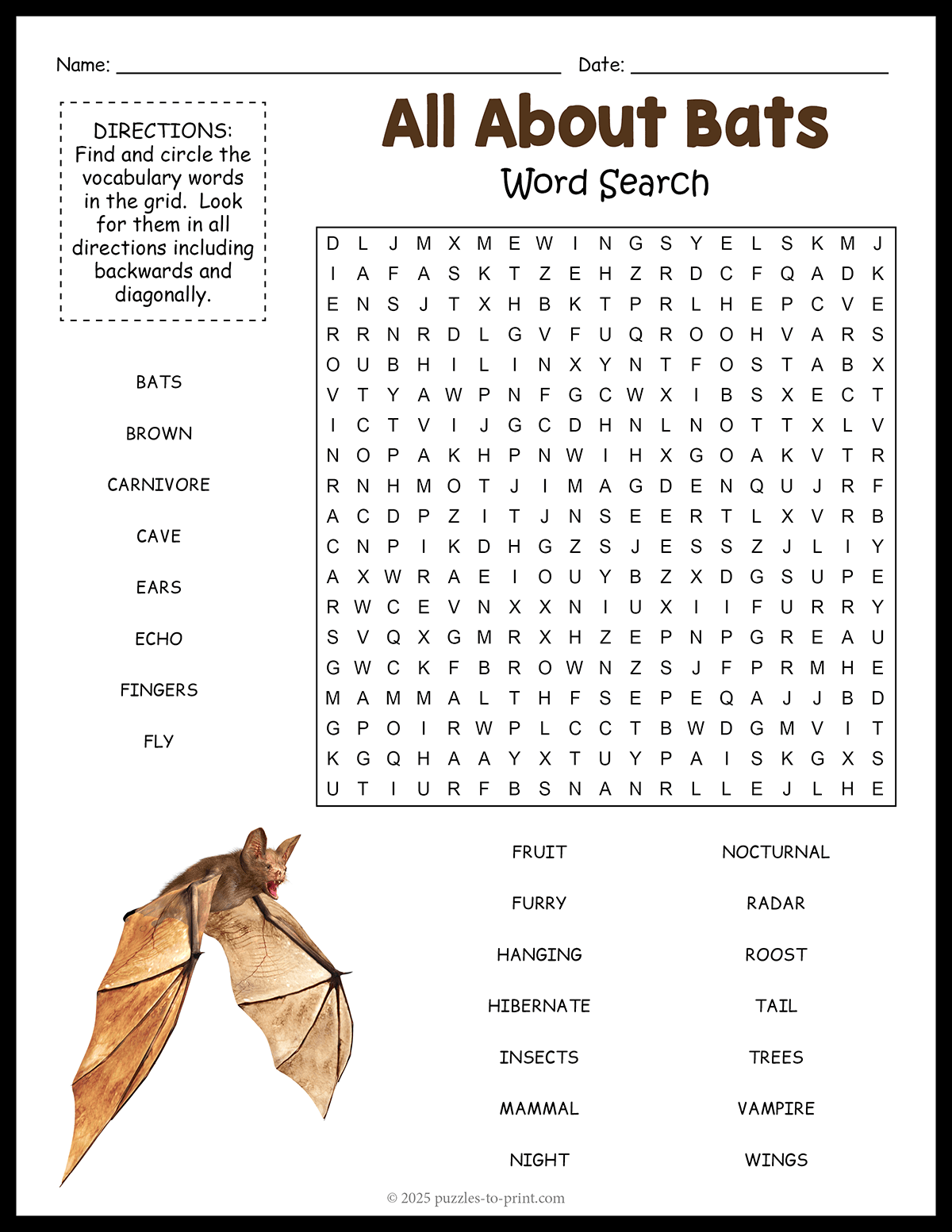 Bat Word Search - Free Printable (Easy & Challenging)