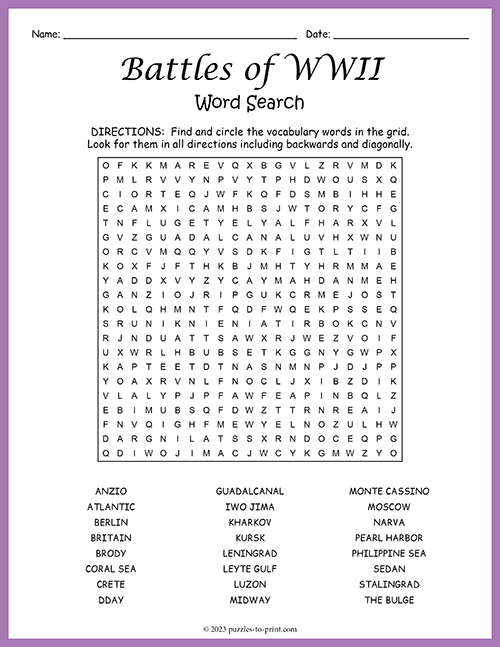 Battles of WWII Word Search
