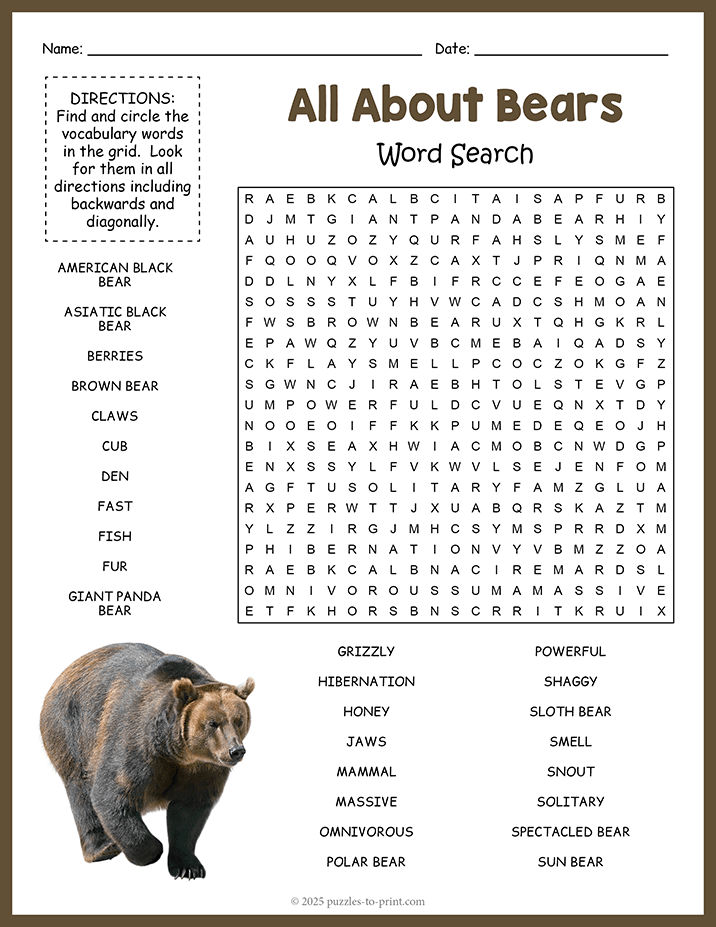 Bear Word Search - Free Printable (Easy & Challenging)